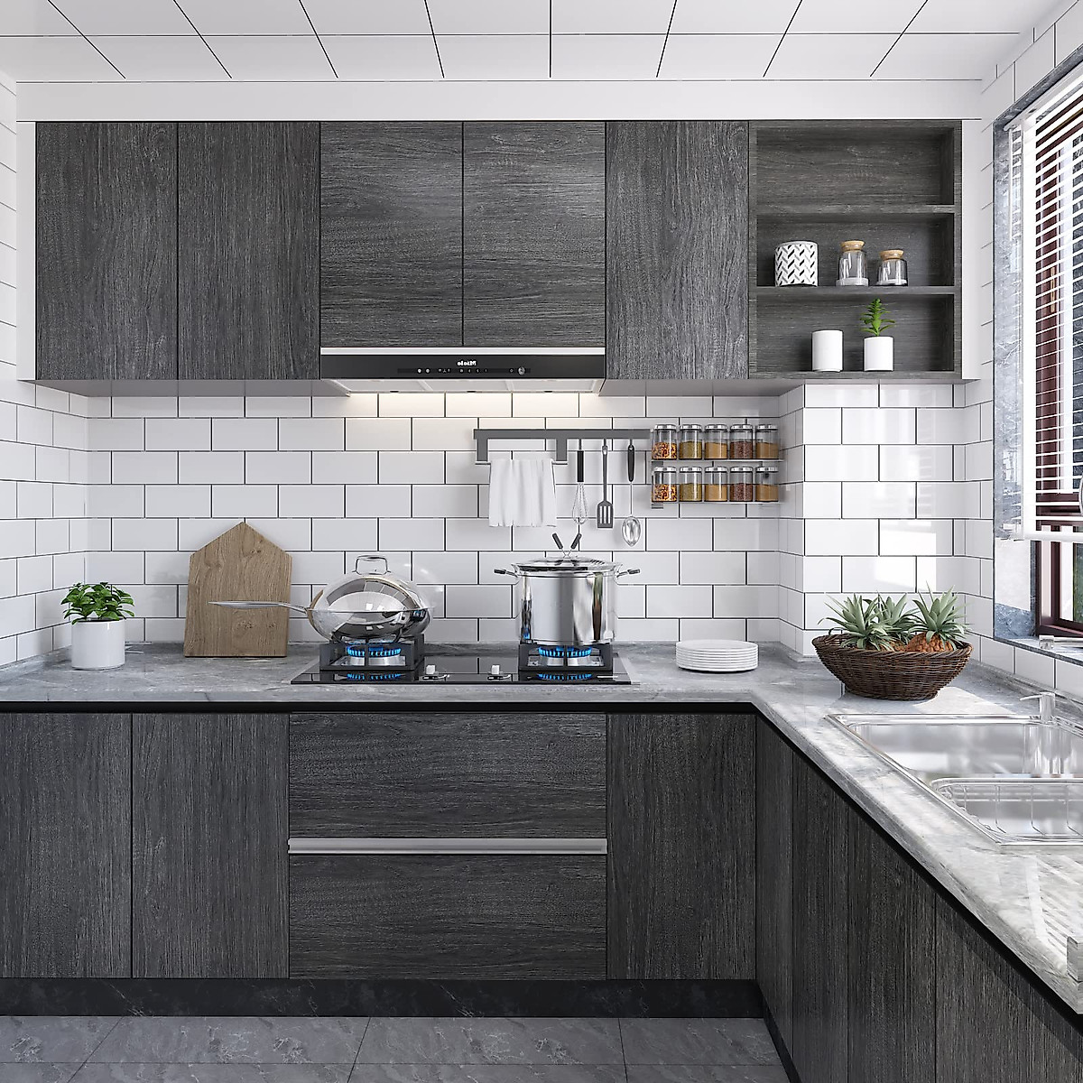 CHICHOME Large Size 30"x236" Dark Grey Wood Wallpaper Peel and Stick Wood Grain Contact Paper for Countertops Waterproof Thick Self Adhesive Distressed Wood Vinyl Wrap for Cabinets Drawer Furniture