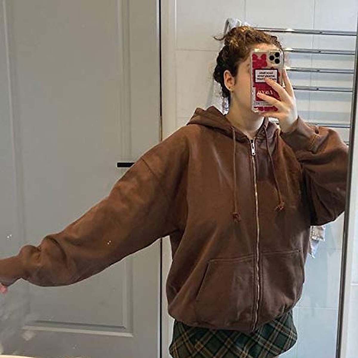 KUGUYIBO Women's Oversized Sweatshirt Y2K E-Girl Hoodies Pullover for Teen Girls Long Sleeve Jackets Baggy Streetwear (Brown, s)