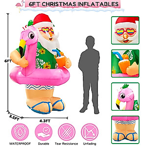 Wabolay Christmas Inflatable Santa Claus Outdoor Decorations 6ft Giant Blow Up Hawaiian Santa Inflatables with Flamingo Swimming Ring for Yard Blowups Decor Led Lights Vacation Outside Lawn Clearance