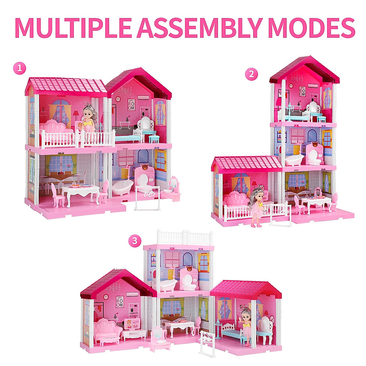 TEMI Villa Toys for 3 4 5 6 7 8 Years Old Girls - 2 Storeys 4 Rooms, Indoor Playset with 2 Dolls Toy Figures, Toys Furniture and Accessories, Pretend Girls Plays, Building Toys, Gifts Toy