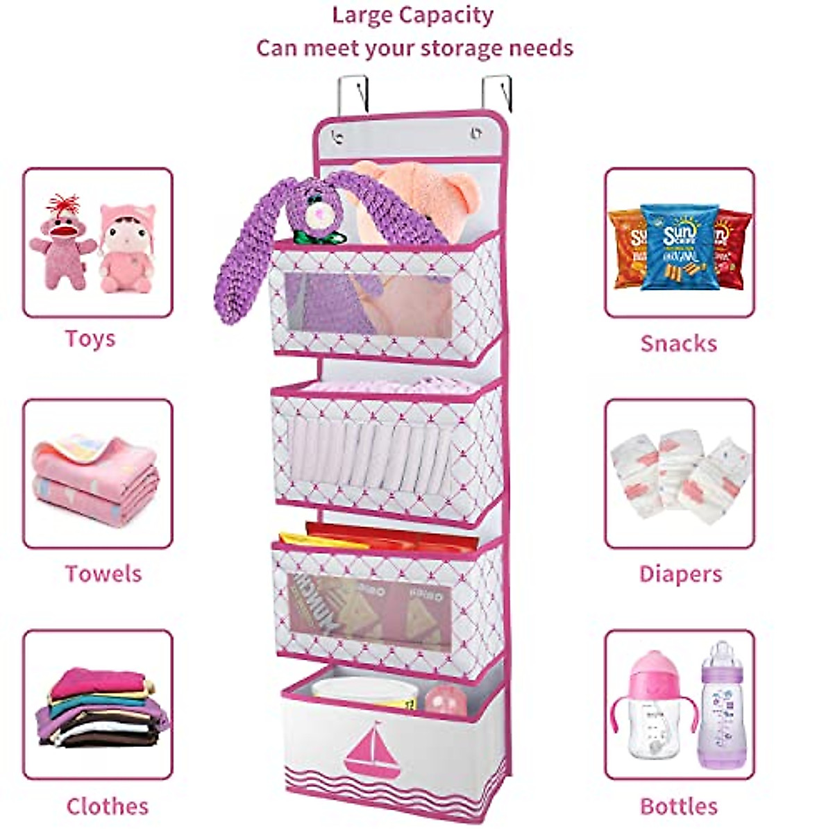 Boczif Over Door Hanging Organizer, Wall Mount Storage with 4 Large Pocket and Mesh Clear Window, Closet Door Organizer for Children's Rooms,Nursery, Bedroom, Kids Toys, Shoes, Diapers(1-Pink)