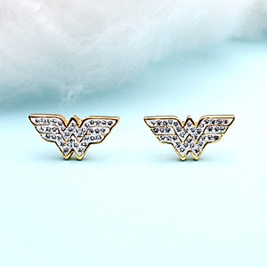 Officially Licensed Hypoallergenic DC Comics Women's Wonder Woman Gold Plated Logo with Clear Gem Stud Earrings, One Size
