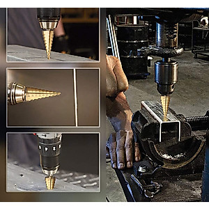 Step Drill Bit Set for Metal, 1/4inch High Speed Steel Titanium Coated Metric Straight Groove Step Drill Bits Set with Automatic Spring Loaded Center Punch Power Tools
