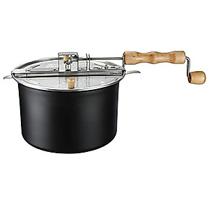 Stovetop Popcorn Maker – 6.5-Quart Popper Pan with Wooden Crank Handle and Internal Kernel Stirrer by Great Northern Popcorn (Black)