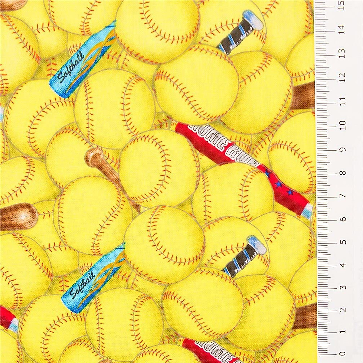 Softball yellow cotton fabric from the USA by Elizabeth's Studio, with balls and bats (per 0.5 yard)