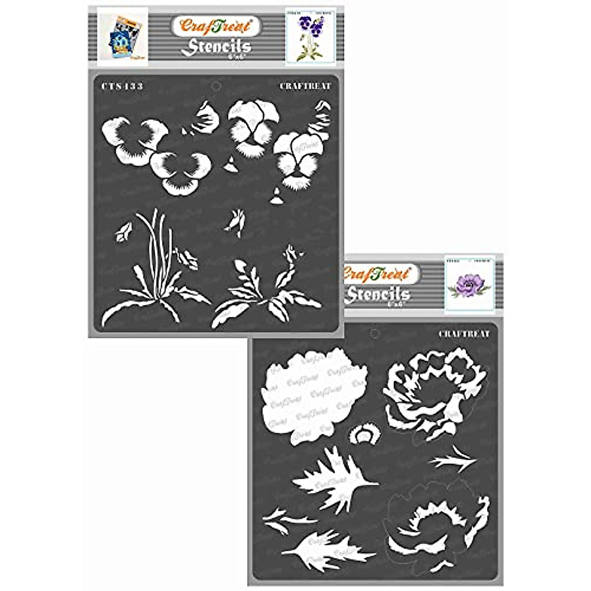 CrafTreat Reusable Layered Flower Stencils for Painting on Wood, Canvas, Paper, Fabric, Floor, Wall and Tile - Pansy and Anemone - 2 Pcs - 6x6 Inch Each - DIY Art and Craft Stencils - Floral Stencil