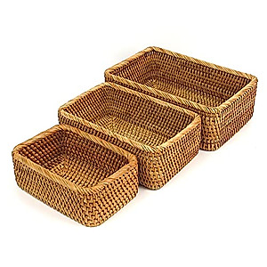 Rattan Baskets for Storage Rectangular Wicker Basket for Organizing Woven Basket Organization and Storage for Countertop Living Room Home Decor Stackable Set of 3 (Honey Brown)