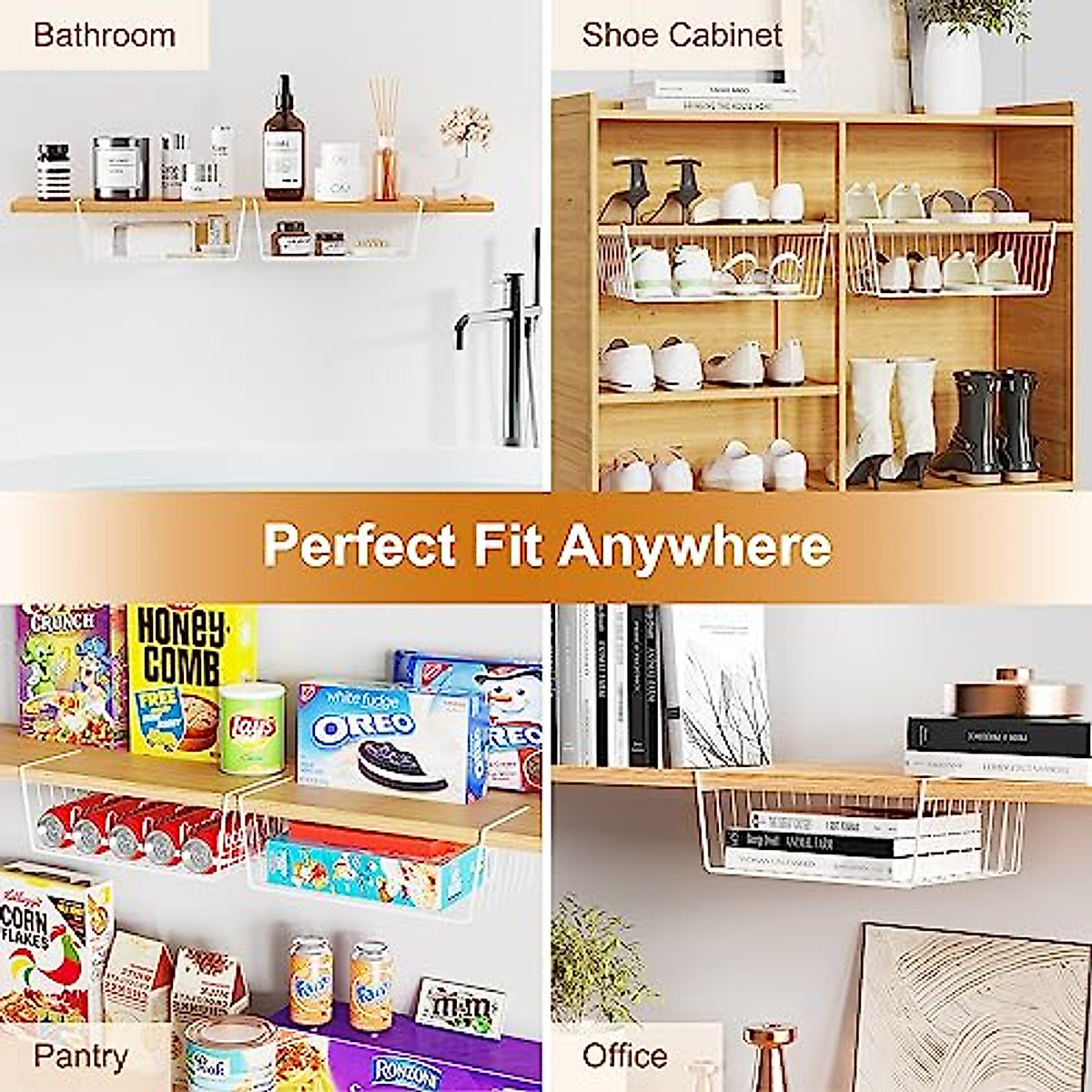 Bellsal Under Shelf Basket, 4 Pack Metal Hanging Wire Shelf Under Shelf Storage, Slides Under Cabinet Shelf, Space Saving for Kitchen Pantry Office Bathroom Bookshelf Under Shelf Organizer, White