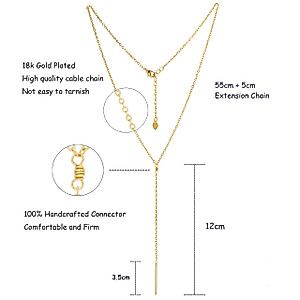 Aobei Pearl 18K Gold Vertical Bar Necklace Long Lariat Y-shaped Chain Dainty Minimalist Jewelry for Women