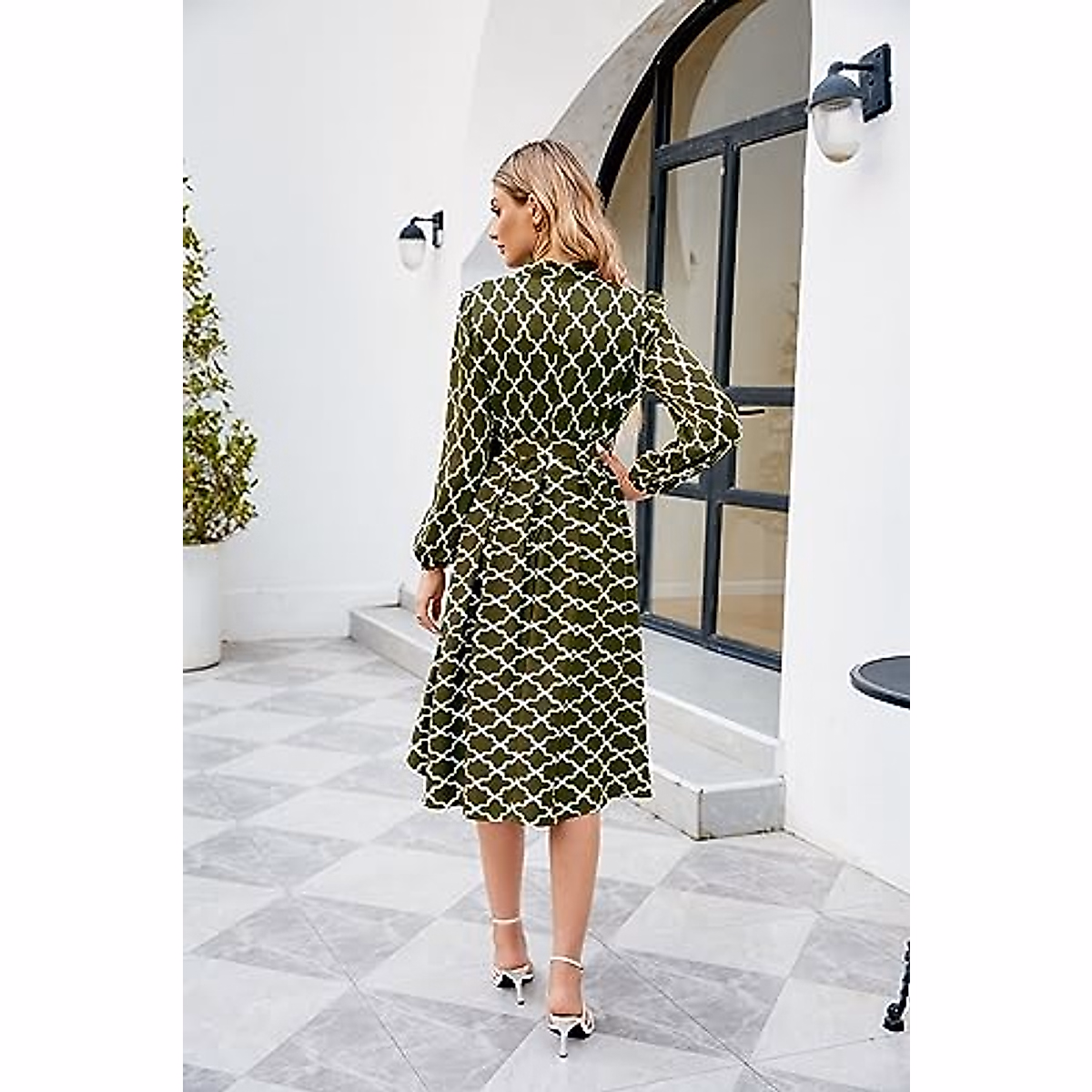 Modest Wear to Work Dress for Women Lantern Sleeve Business Fit and Flare Casual Dress for Business Lady Green