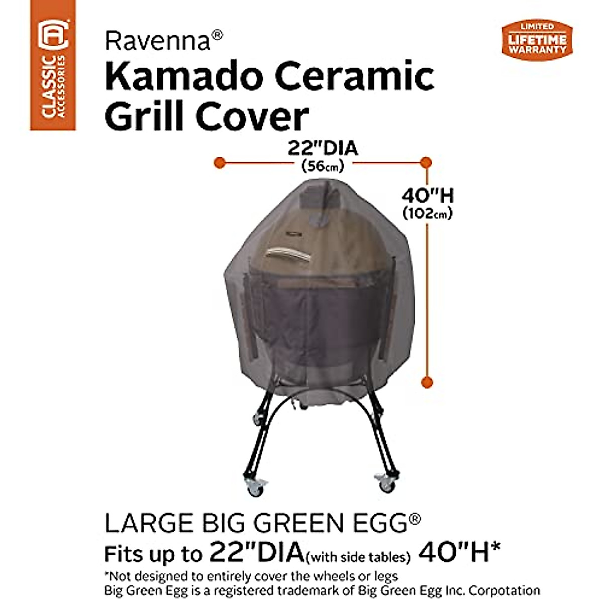 Classic Accessories Ravenna Water-Resistant 22 Inch Kamado Ceramic BBQ Grill Cover, Dark Taupe