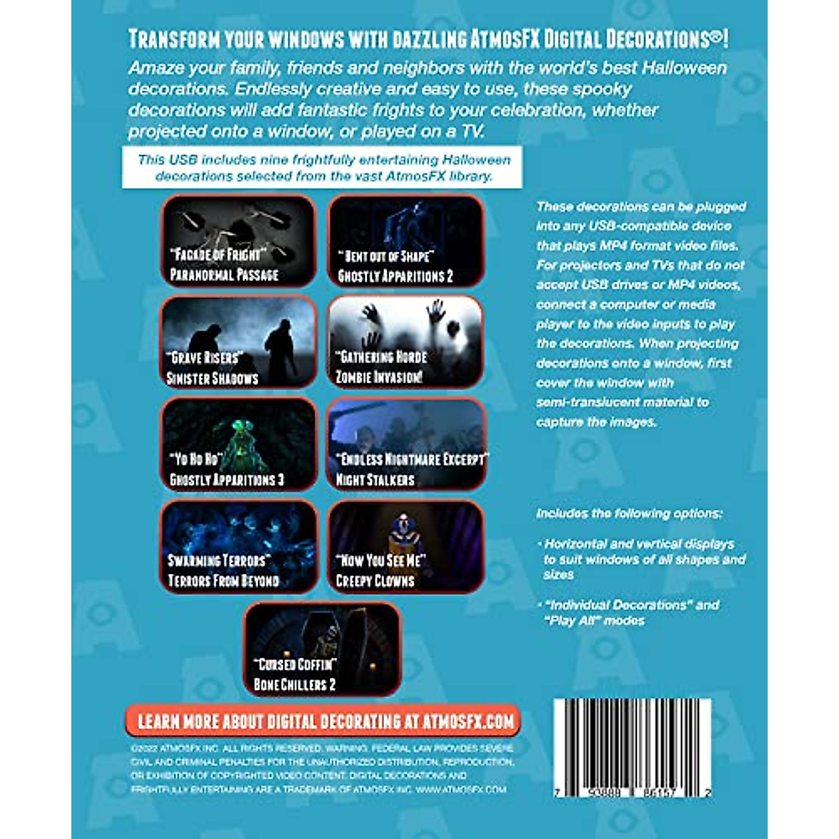 Reaper Brothers Spooky Halloween Digital Decoration Kit Includes 9 AtmosFX Video Effects for Halloween Plus HD Super Bright Projector and 48” x 72” Holographic Projection Screen