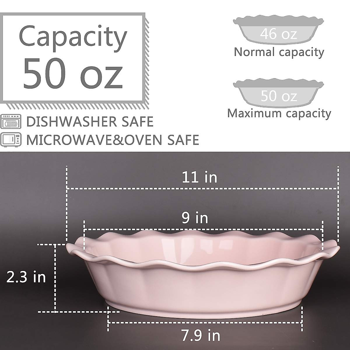Bosmarlin Ceramic Pie Pan, 9 Inches Pie Dish, 50 oz, Pie Plate for Baking, Microwave, Oven Safe and Dishwasher safe (Pink, 9 inches)