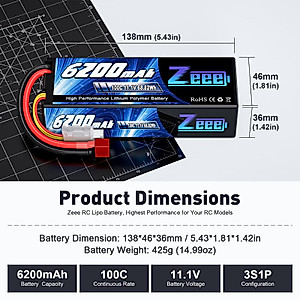 Zeee 3S Lipo Battery 6200mAh 11.1V 100C Hard Case RC Battery with Deans T Connector for 1/8 1/10 Scale Vehicles RC Car Tank Trucks Boats(2 Pack)