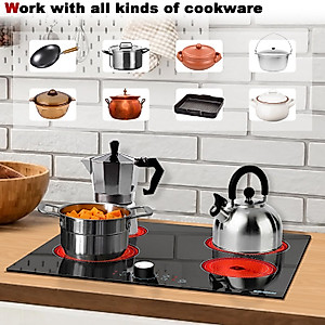 Karinear 24 Inch Electric Cooktop 4 Burners Electric Stove Top, 220-240v Built-in Electric Ceramic Cooktop with Knob Control,9 Power Levels, Black Glass,No Plug