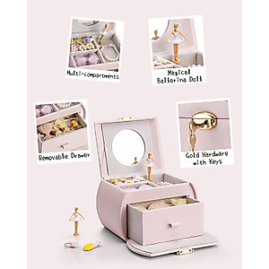 Vlando Kids Musical Jewelry Box for Girls with Drawer, Music Box with Ballerina and Stickers for Birthday Bedroom Decor, Gifts for Girls Kids Christmas Thanksgiving Gifts 2024 - Light Pink