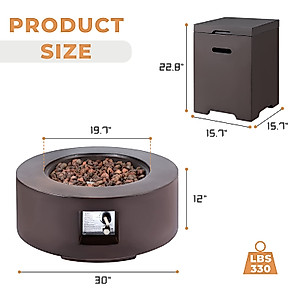 ECOTOUGE 2-Piece Outdoor Propane Firepit Table Set with Tank Table, 30 Inch Auto-Ignition Round Gas Fire Pit, 50,000 BTU Steel Fire Table w/Weather-Resistant Pit Cover, Lava Rocks, Brown