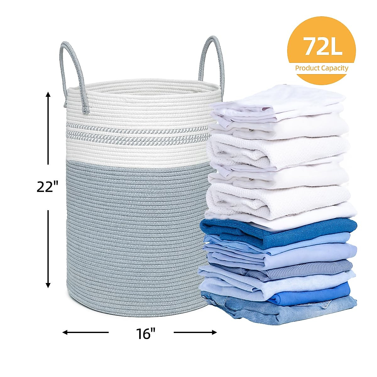 WEAVELYRICS 72L Tall Laundry Basket, Cotton Rope Laundry Hamper, Laundry Hamper with Handles, Decorative Woven Basket for Dirty Clothes, Blankets, Pillows in Bathroom, Bedroom (Gray, 16 x 22in)