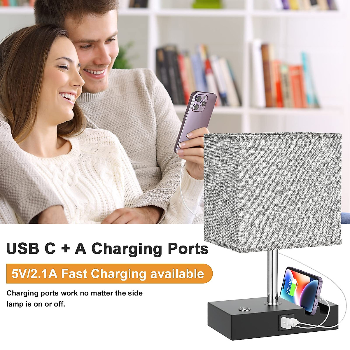 aooshine Touch Lamp with USB C+A Charging Ports-Table Lamp for Bedroom with 3 Levels Brightness(Low/Medium/Hight), 3 Way Dimmable Bedside Nightstand Lamp with 2 Phone Slots (Include Bulb)