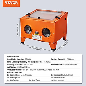 VEVOR 25 Gallon Sandblasting Cabinet, 40-120PSI Portable Benchtop Sand Blasting Cabinet, Heavy Duty Steel Sand Blaster with Blasting Gun & 4 Ceramic Nozzles for Paint, Stain, Rust Removal