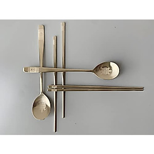 cozymomdeco Korean Made Traditional Pattern Engraved Chopsticks Spoon Set 18-10 Stainless Steel Gold Color 2SET