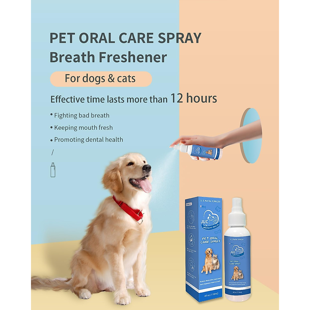 JUC Dog Breath Freshener for Dogs & Cats Teeth Cleaning Spray Dog Bad Breath Pet Oral Care Spray 4fl.oz