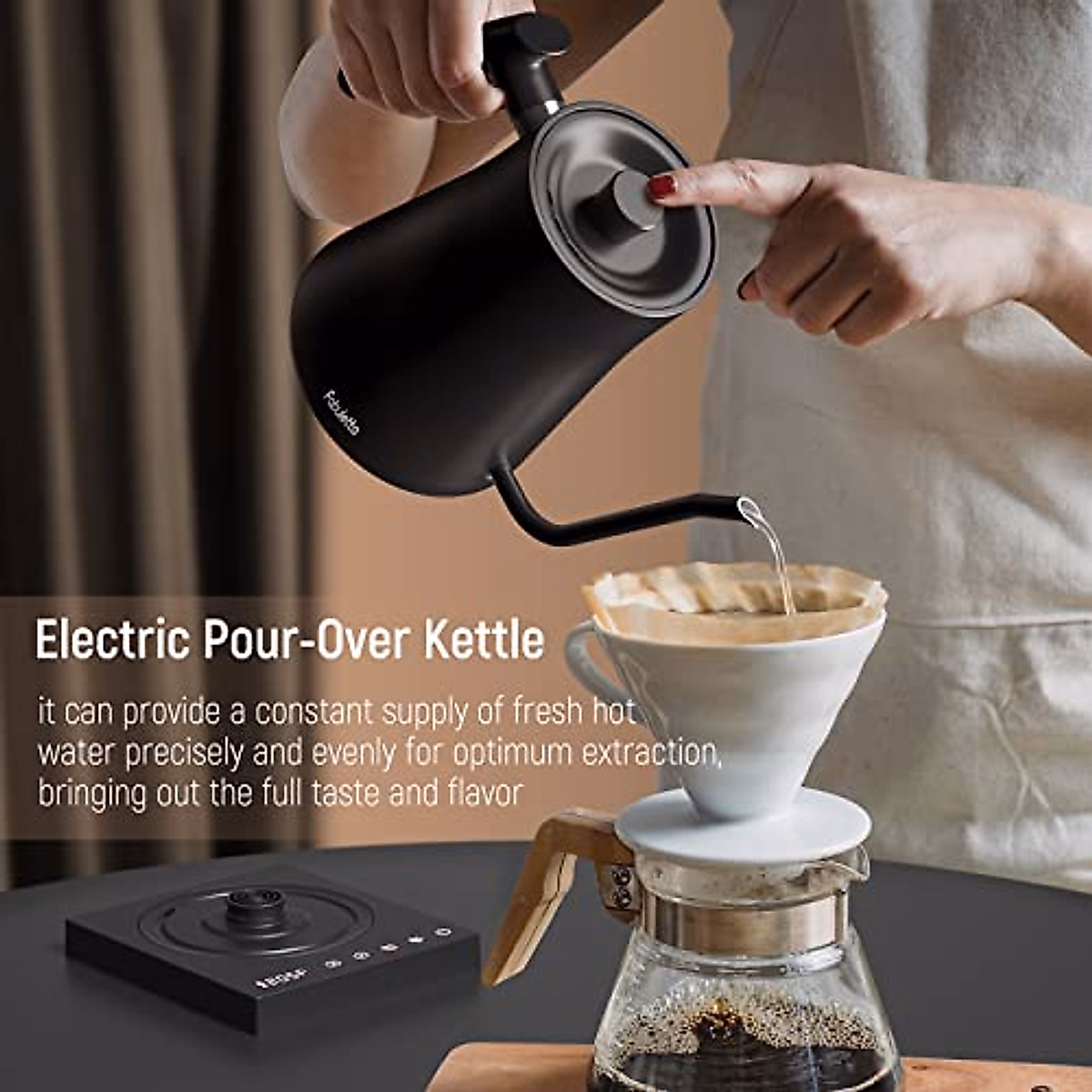 Gooseneck Electric Kettle Fabuletta Electric Kettle Temperature Control 100% Stainless Steel Inner Lid & Bottom Pour Over Coffee Kettle & Tea Kettle 1200W Quick Heating 1L Tea Pot for Family