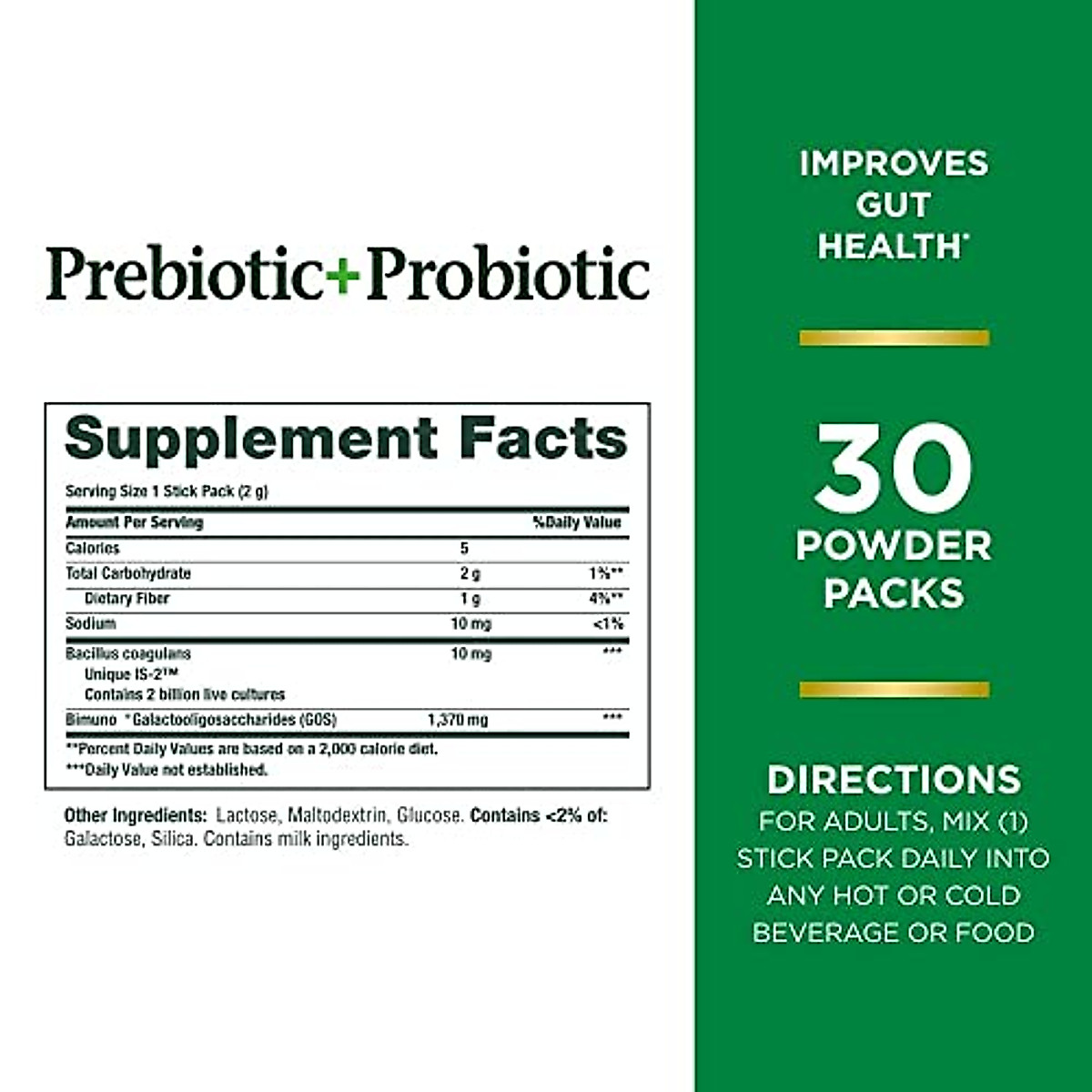 Nature's Bounty Prebiotic + Probiotic Powder Stick Packs with Bimuno, Digestive Health, Powder Sticks, Unflavored, 30 Ct