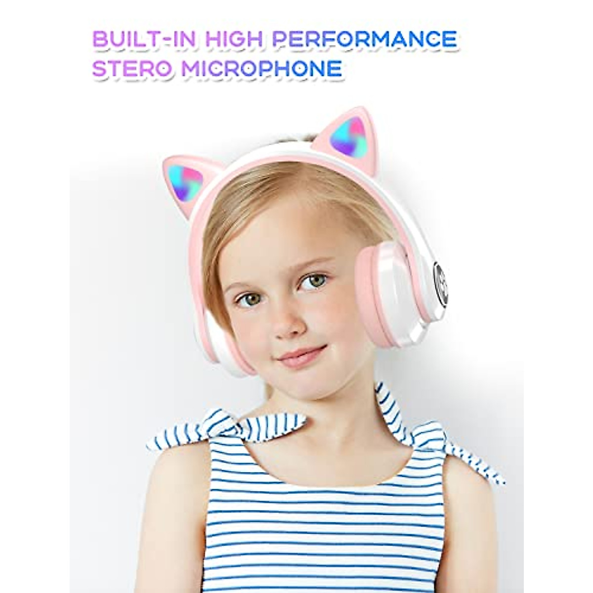 VuyKoo Kids Headphones with Microphone/RGB LED Light Up, Cat Ear Bluetooth Headphones 94dB Volume Limiting, Foldable Stereo Over-Ear Headphones for Kids Tablet/School/iPad/Smartphone (Pink)