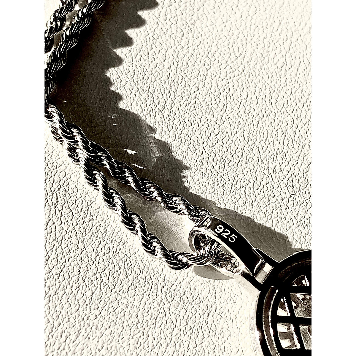 Shop-iGold Men's Hamsa Evil Eye Protector Men Women 925 Italy White Gold Finish Iced Silver Charm Pendant Stainless Steel Real 3 mm Rope Chain, Mans Jewelry, Iced Pendant, Rope Necklace 16"- 24" (24)