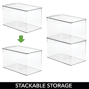 mDesign Stackable Plastic Bathroom Storage Box with Hinge Lid - Container for Organizing Soap, Body Wash, Shampoo, Conditioner, Hand Towels, Hair Accessories, Lumiere Collection, 4 Pack - Clear