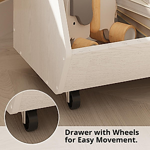 IRONCK Toy Storage Organizer, Kids Bookshelf with 2 Movable Cubby Drawers, Top Toy Shelf with Crossbar, Storage Cabinet for Nursery, Playroom, White