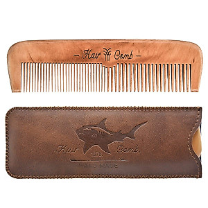 Wooden Hair Combs for Men,Men's Wood Beard Comb with Leather Travel Case,Mens Combs for Hair,Kids Comb(brown shark)