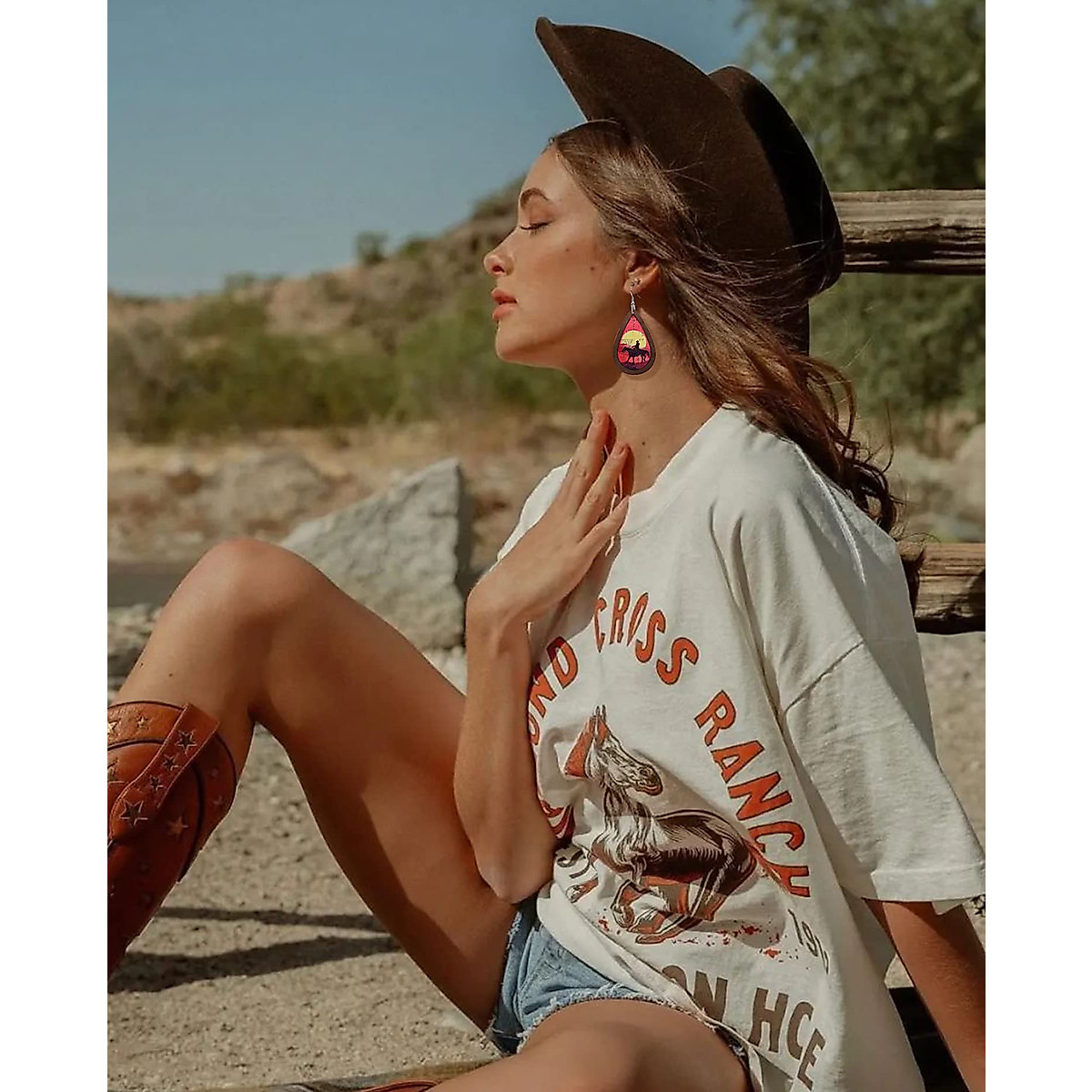 TOBENY 9 Pairs Western Earrings for Women Cowgirl Cowboy Earrings Set Boho Vintage Turquoise Cow Printed Leather Wooden Teardrop Dangle Earrings Western Jewelry for Women