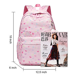 Reqinqin Kids Backpack Girls And Boys Pink Waterproof Large Space School Backpack Suitable for Age for Over 6 Years old Lightweight Travel Cat Ear Heart Keychain Toddler Backpack（Pink Heart）