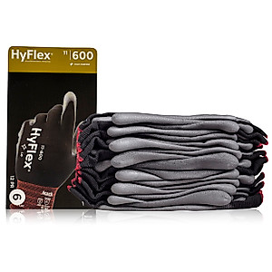 Ansell HYFLEX 11-600 Light Duty Nylon Industrial Gloves w/Palm Coating for Metal Fabrication, Automotive - Medium (8), Black (12 Pairs)