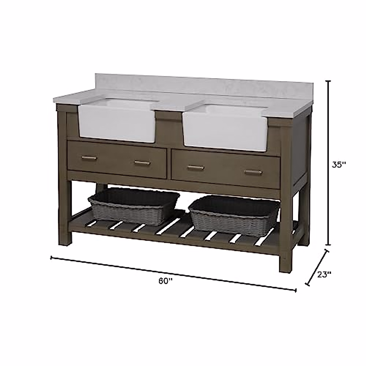 Kitchen Bath Collection Charlotte 60-inch Double Farmhouse Vanity (Engineered Carrara/Weathered Gray): Includes Weatherd Gray Cabinet with Engineered Carrara Countertop and White Ceramic Apron Sinks