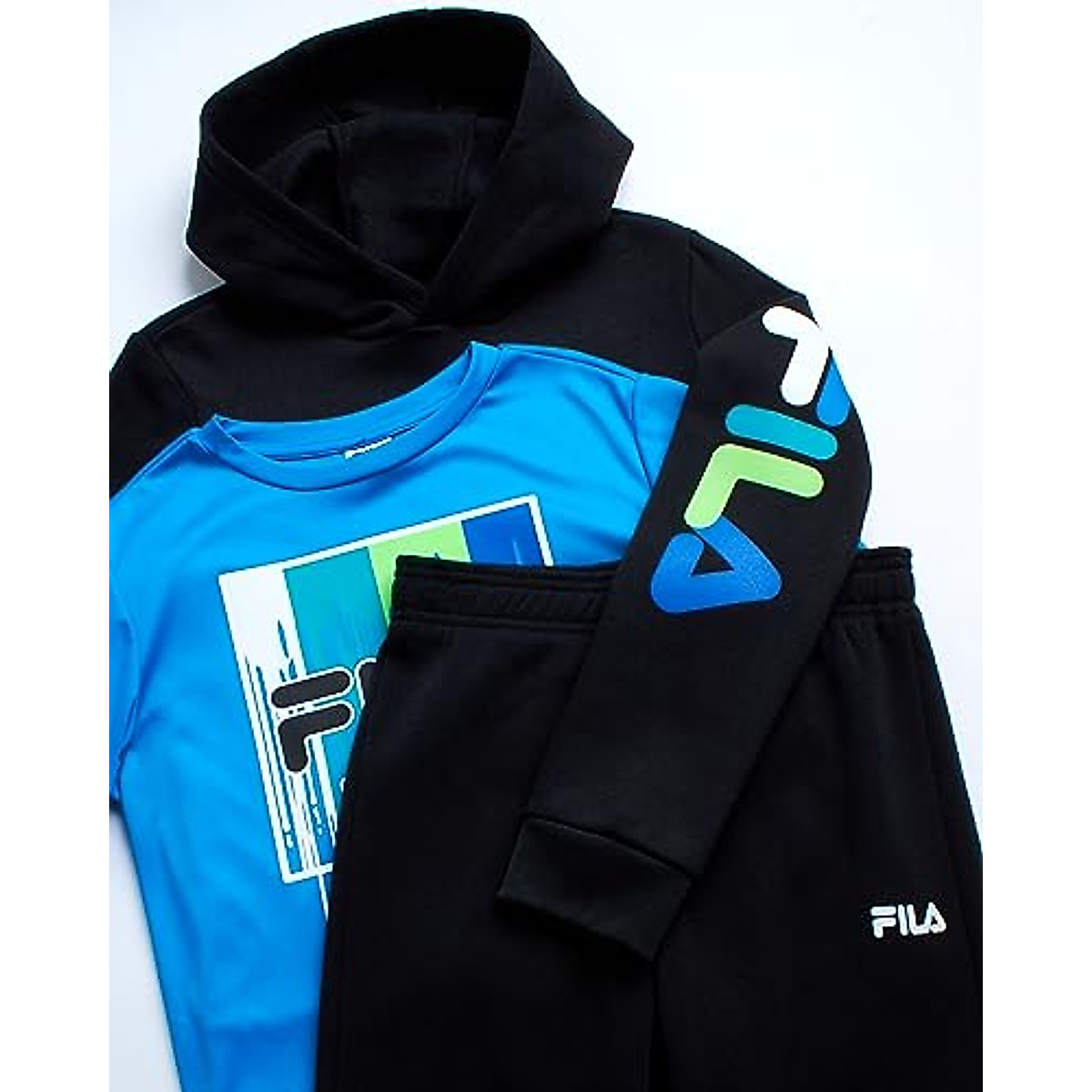 Fila Boys' Active Sweatsuit Set - 3 Piece Performance Hoodie Sweatshirt, Jogger Sweatpants, T-Shirt - Activewear Set (8-12), Size 10, Black