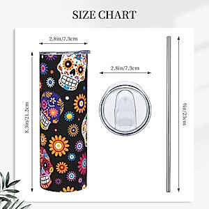 Tangopi Skull Head Floral 20 oz Tumbler with Lid and Straw Insulated Travel Coffee Mug Reusable Spill Proof Coffee Cups Stainless Steel Water Bottle for Hot and Cold Drinks