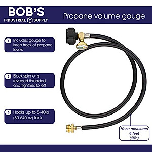 BISupply 4ft Propane Tank Gauge - Propane Hose Adapter 1lb to 20lb Fitting - Color Indicating Propane Gas Gauge