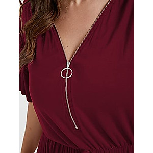 vepeabak Womens Plus Size Dress Zipper V Neck Solid Flutter Short Sleeve Tie Waist Mini Dress with Pockets(Wine Red,3XL)