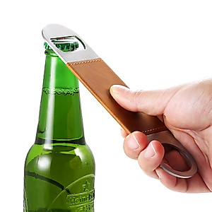 Heavy Duty Stainless Steel Flat Bottle Opener, Bartender Beer Opener with Leather Handle, 7 inches, Solid and Durable for Kitchen, Bar or Restaurant HANCELANT