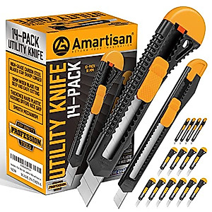 Amartisan 14-Piece Retractable Box Cutter, Utility Knifes for Boxes, Cartons, Cardboard Cutting, 18mm & 9mm Wide Blade Cutter, Very Suitable for Office and Home Use.