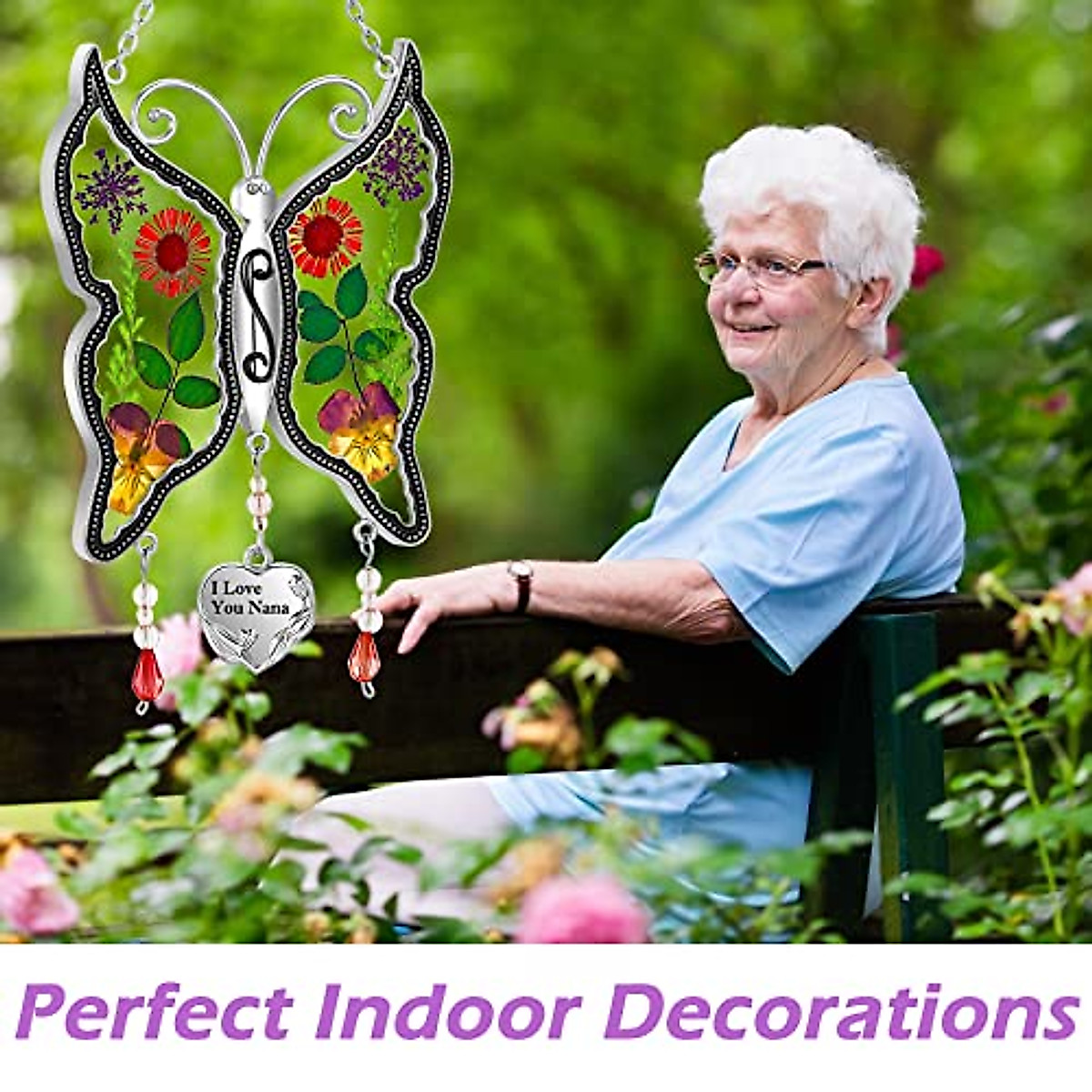 KY&BOSAM Suncatcher Butterfly, I Love You Nana Mother`s Day Nana Gifts, Stained Glass Sun Catcher Hanging Wind Chime Ornament for Window Gift Nana Mother`s Day, Valentine’s,Birthday