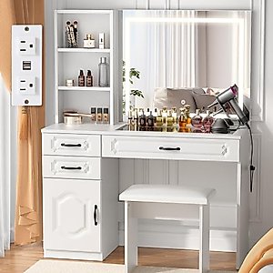 VOWNER Vanity with Lighted Mirror - Makeup Vanity Desk with Glass Top, Power Strip, Drawers and Shelves, 3 Color Lighting Modes Adjustable Brightness, Vanity Table with Cushioned Stool, 45'' L