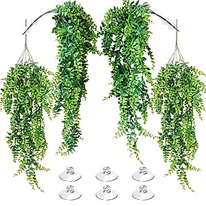 Allazone 4 Pack Reptile Plants Hanging Fake Vines, Artificial Leaves Climbing Terrarium Plant with Suction Cup for Bearded Dragons Lizards Geckos Snake Pets Hermit Crab and Tank Habitat Decorations