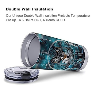 WNICELIN Wolf Moon Dreamcatcher Tumbler Insulated Travel Mug Stainless Steel Travel Tumbler Car Cup with Straw And Brush with Lid 20oz