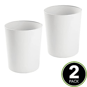mDesign Round Metal Small 1.7 Gallon Recycle Trash Can Wastebasket, Garbage Container Bin for Bathrooms, Kitchen, Bedroom, Home Office - Durable Stainless Steel - Mirri Collection - 2 Pack - White