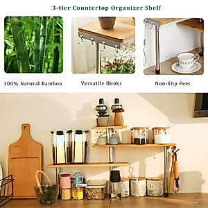HOMBOUR Corner Shelf Kitchen Countertop Organizer, 3 Tier Bamboo Spice Rack Over Sink Storage with Hooks, Display Shelves Desktop Space Saver for Kitchen, Bathroom, Living Room, Office