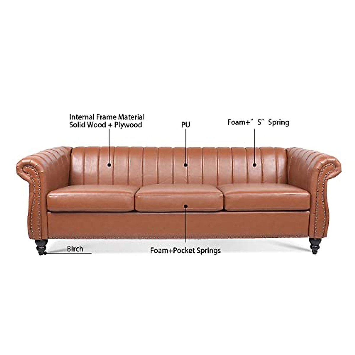 NewCosmos 83.46" Brown PU Rolled Arm Chesterfield Three Seater Sofa.